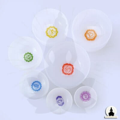 Complete Set of Frosted Crystal Bowls with Chakra Symbols