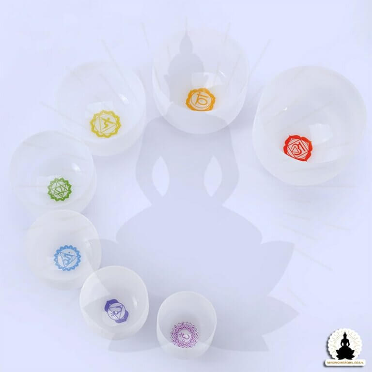 Complete Set of Frosted Crystal Bowls with Chakra Symbols
